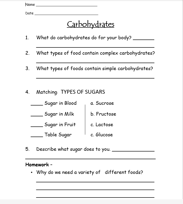 FREE - Nutrition: Carbohydrates Worksheet - FREE – Engaging Einsteins