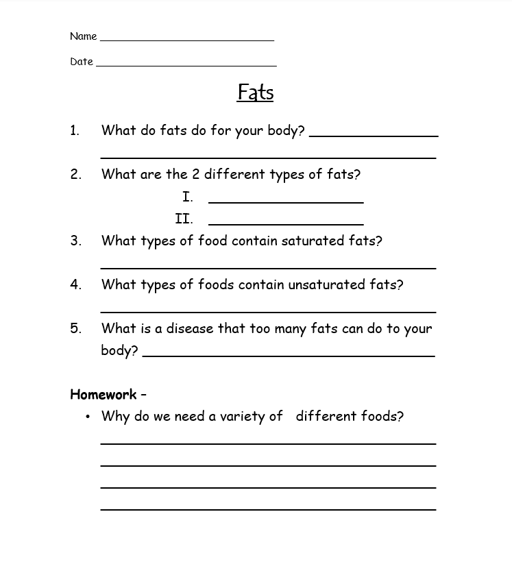 FREE - Nutrition: Fats Worksheet - FREE – Engaging Einsteins