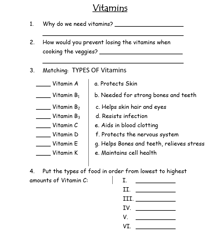 FREE - Nutrition: Vitamins Worksheet - FREE – Engaging Einsteins