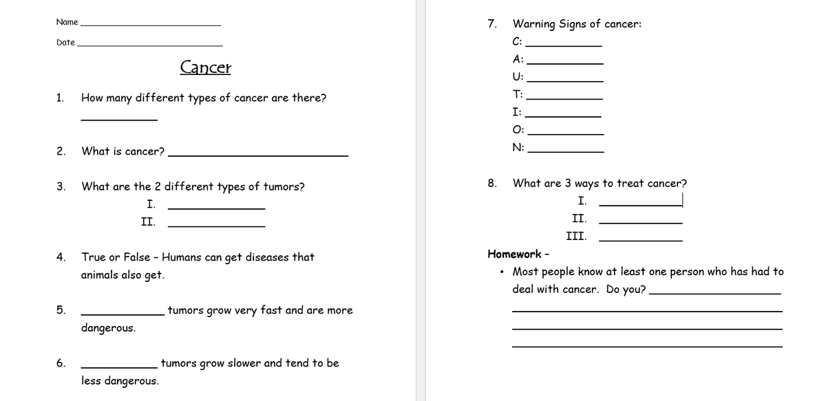 FREE - Disease: Cancer Worksheet - FREE – Engaging Einsteins