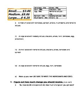 Buying Food - Making Change and Counting Money Assessment (Test ...