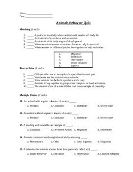 Animal Behaviors Assessment (Quiz) – Engaging Einsteins