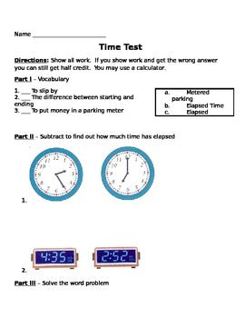 Time - Elapsed Time and Telling Time Assessment (Test) – Engaging Einsteins